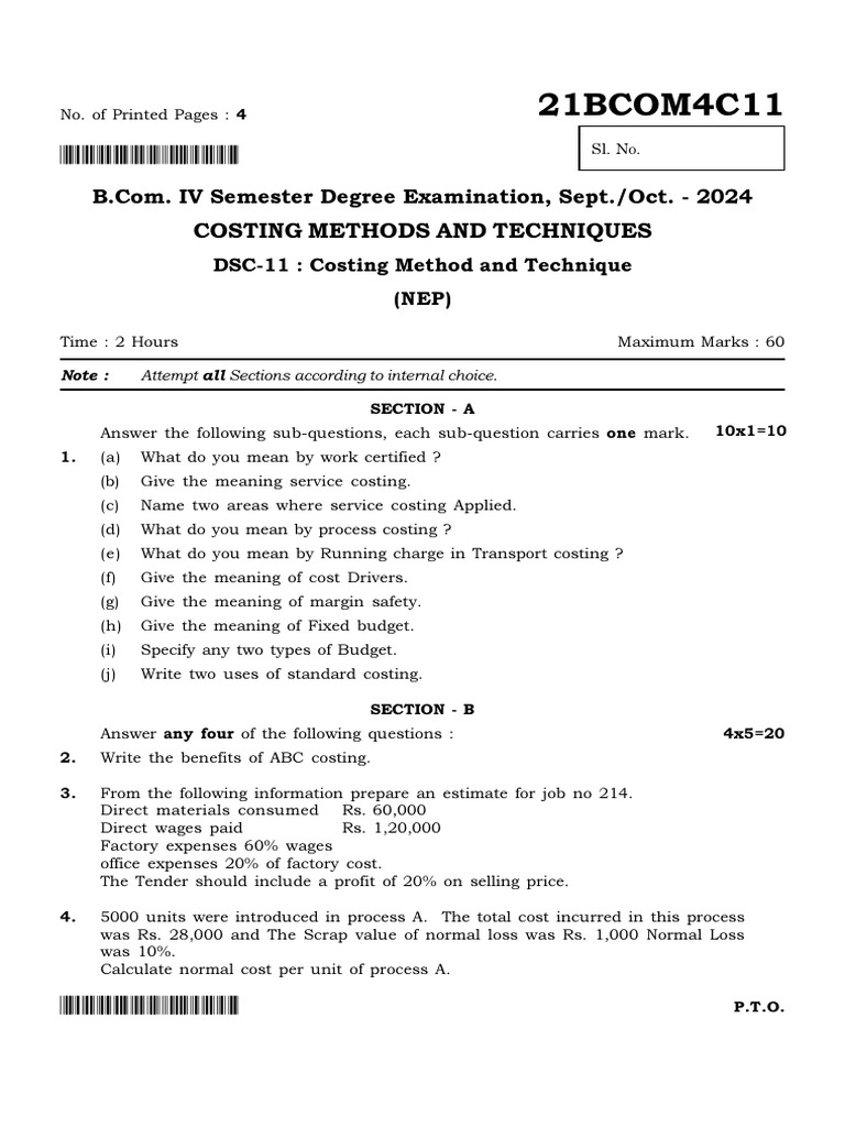 Costing Methods and Techniques Exam 2024 | PDF | Expense | Cost