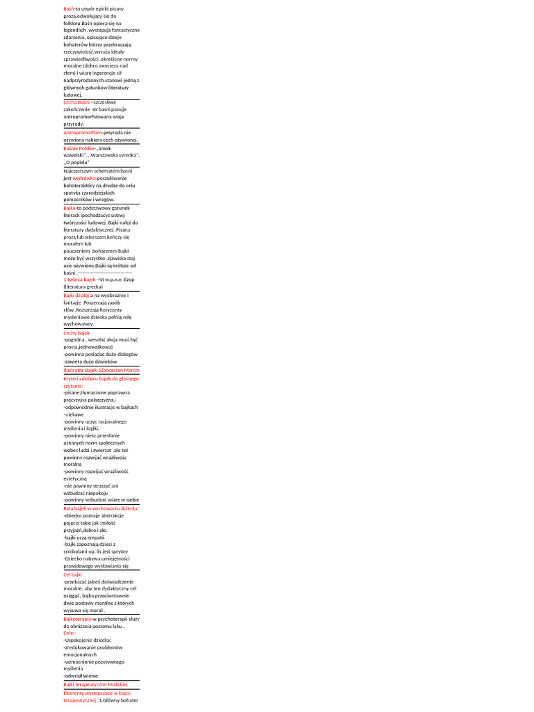 Baśń Bajki Semestr 2 Sciaga | PDF