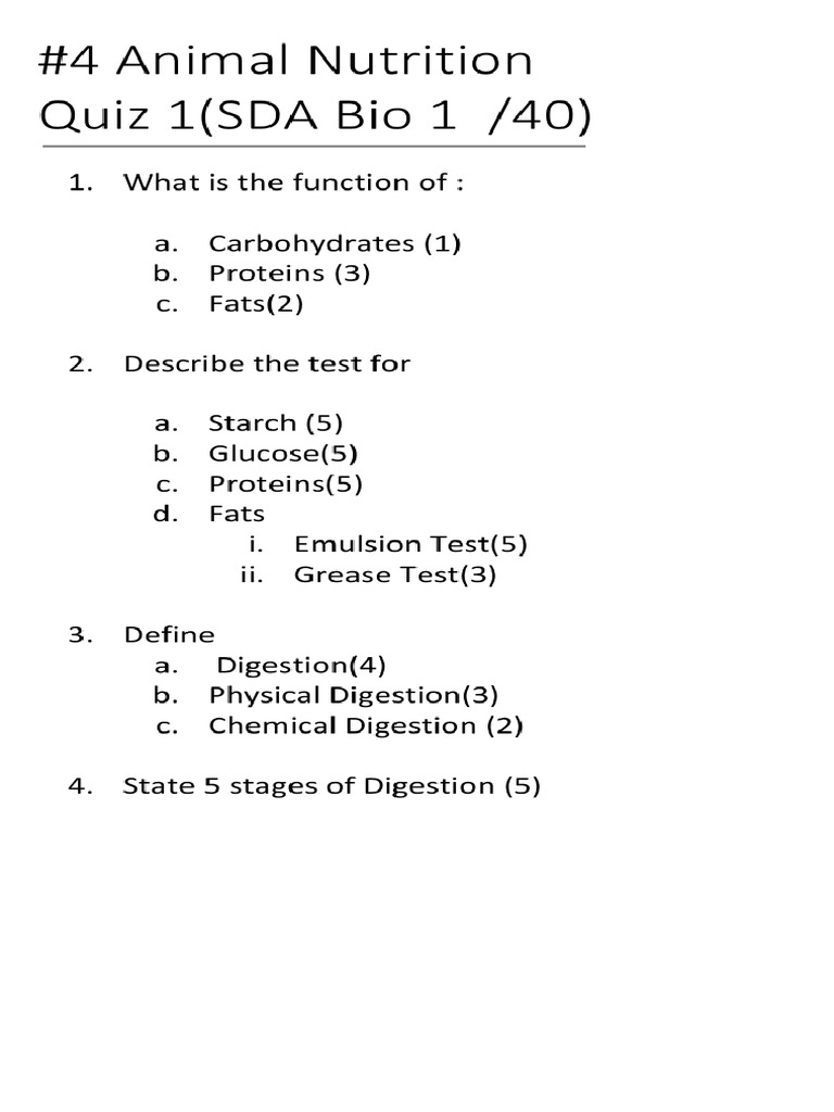 4 Animal Nutrition Quiz 1 (SDA B | PDF