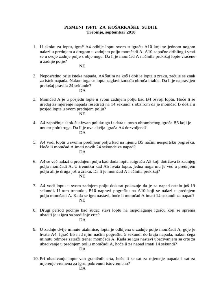 Pismeni Ispit Za Kosarkaske Sudije | PDF