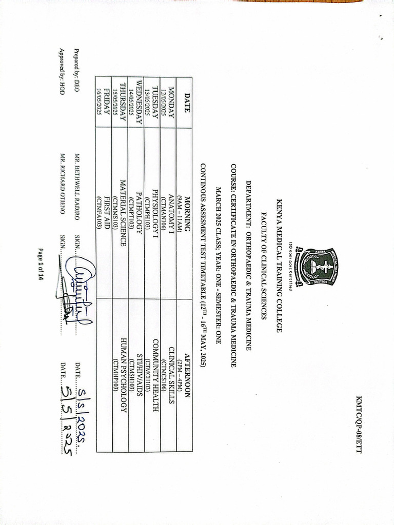 Cat Timetable For March-July Semester | PDF