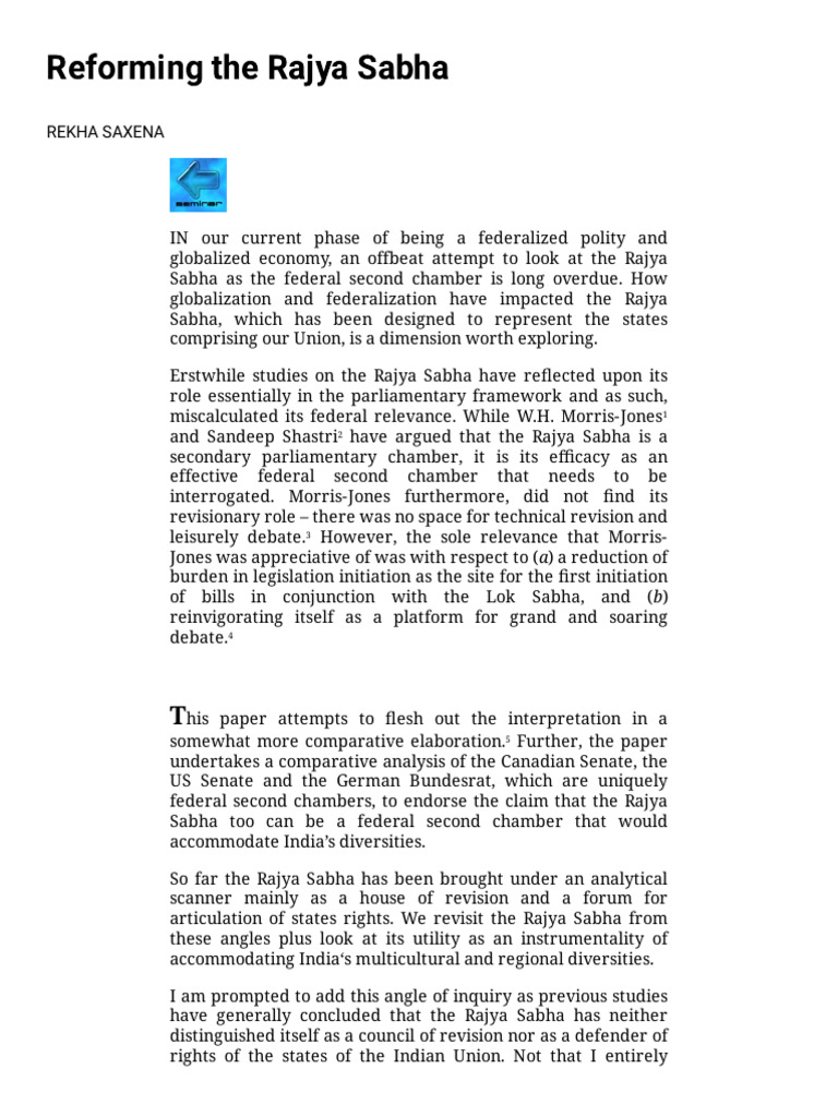 Rekha Saxena, Reforming The Rajya Sabha | PDF | Government Of India | Government