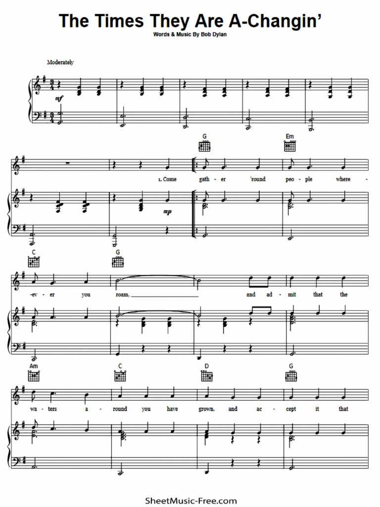 The Times They Are A Changin Sheet Music Bob Dylan | PDF