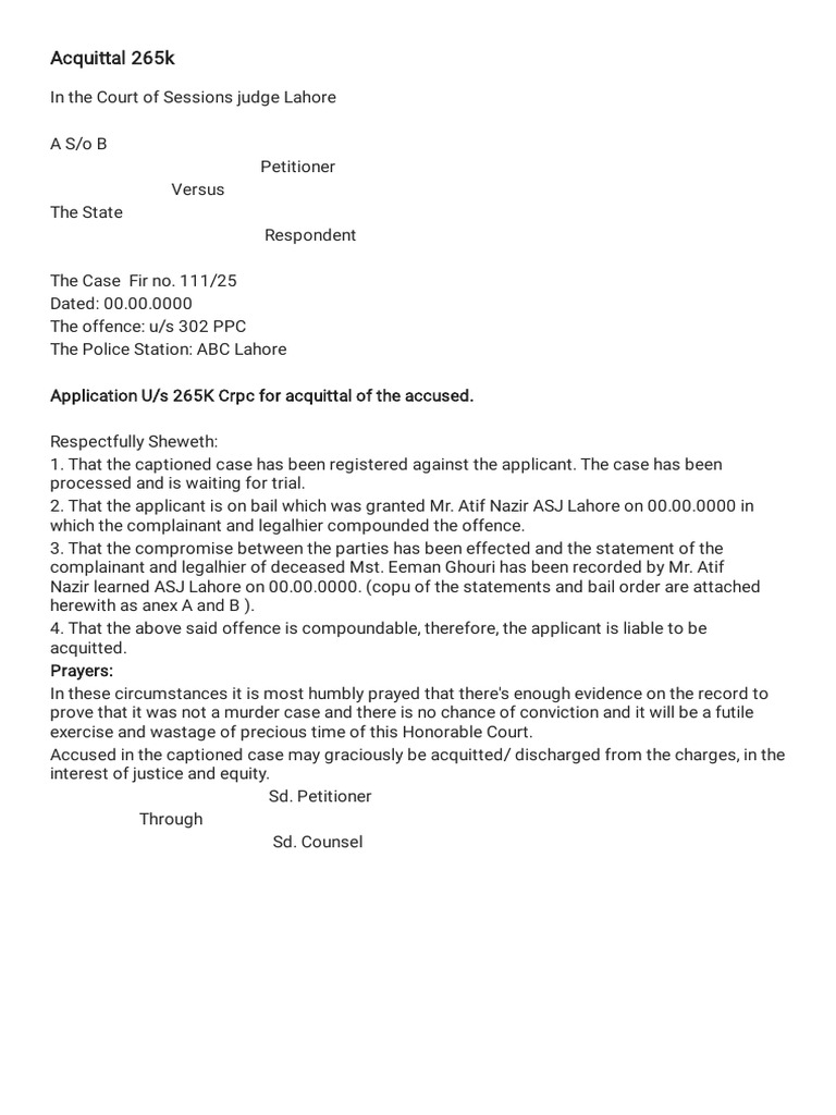 265K CrPC Acquittal Application | PDF