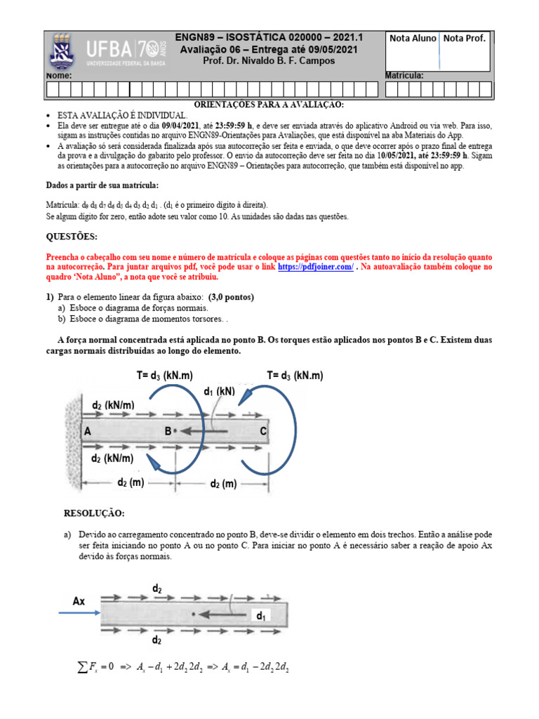 Avaliação Isostática ENGN89 - 2021.1 | PDF | Treliça | Equilíbrio químico