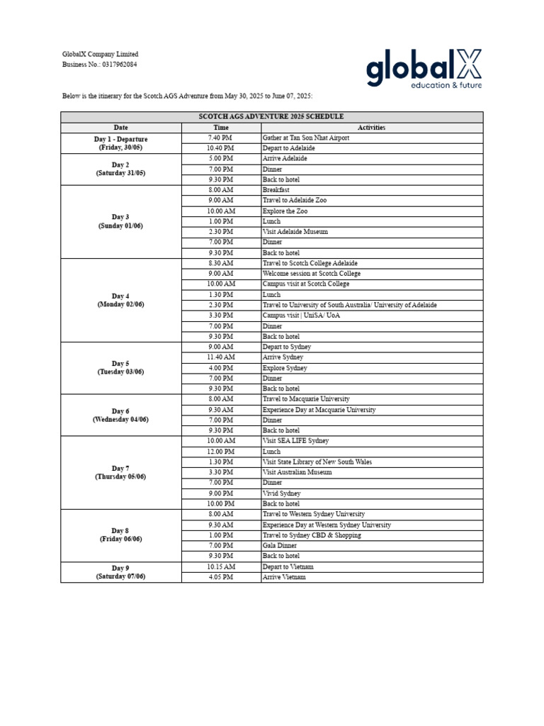 Scotch AGS Adventure 2025 - Schedule - Sheet1 | PDF | Sydney