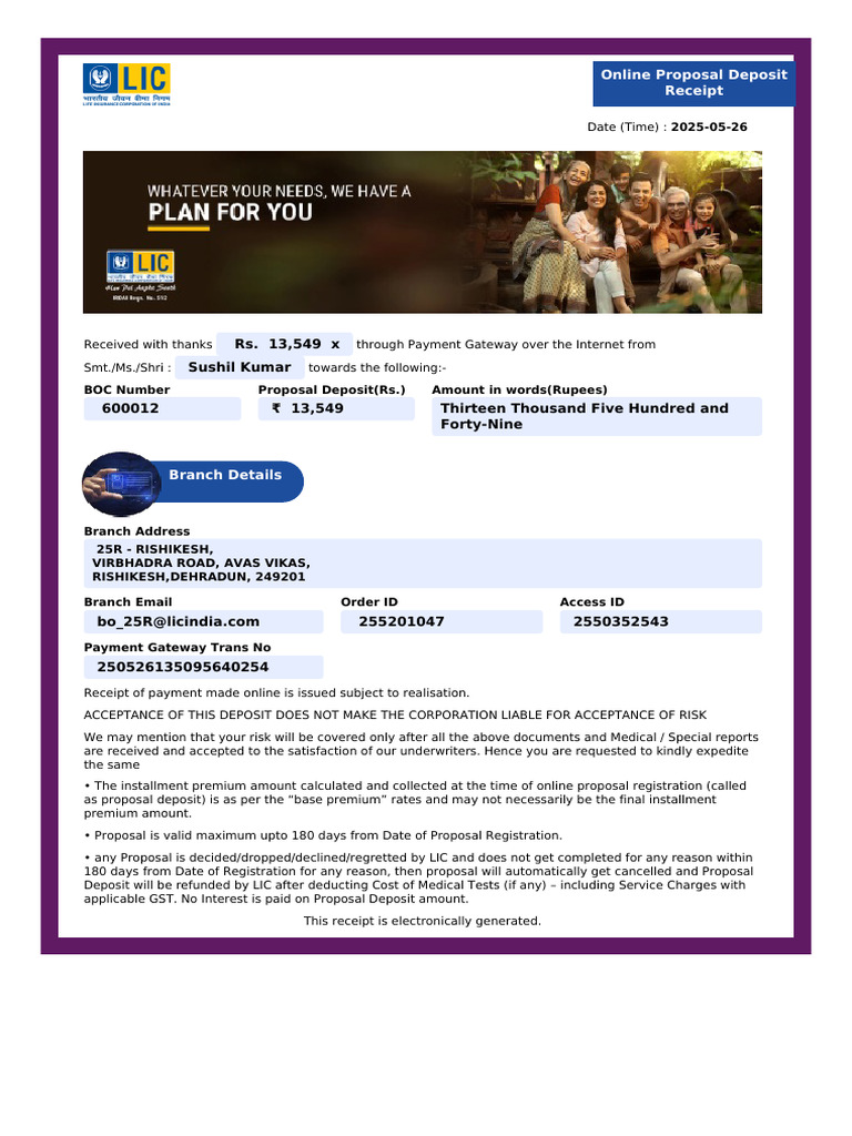 Lic Proposal Deposit Receipt | PDF