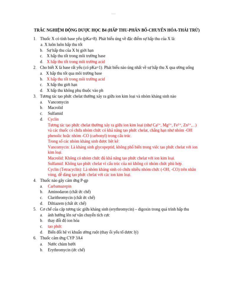 Cau Hoi Trac Nghiem On Tap Mon Duoc Hoc Phan Duoc Dong Hoc 3921 | PDF