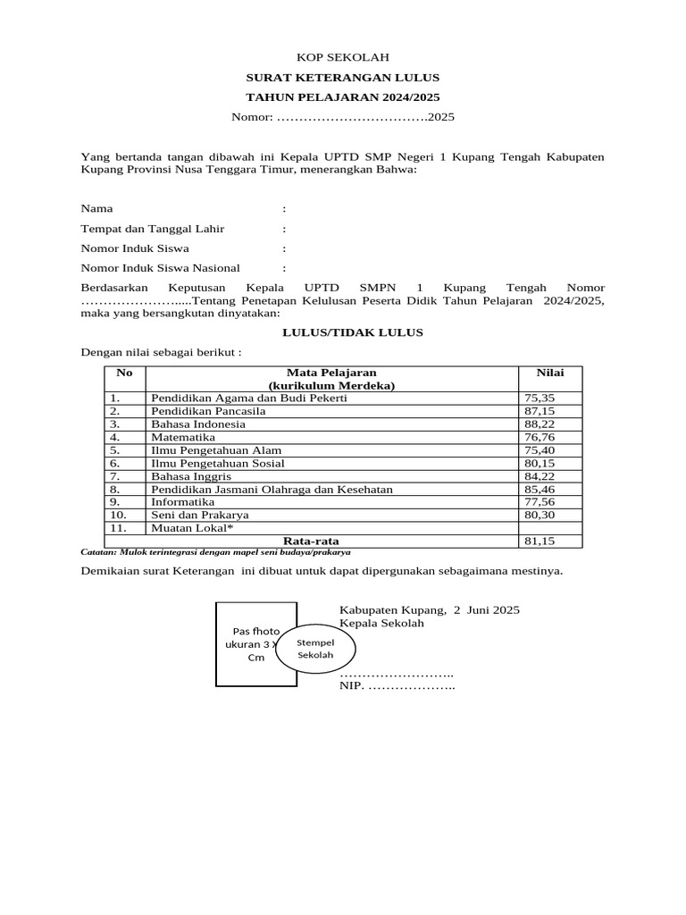 Contoh Format Surat Keterangan Lulus SMP | PDF