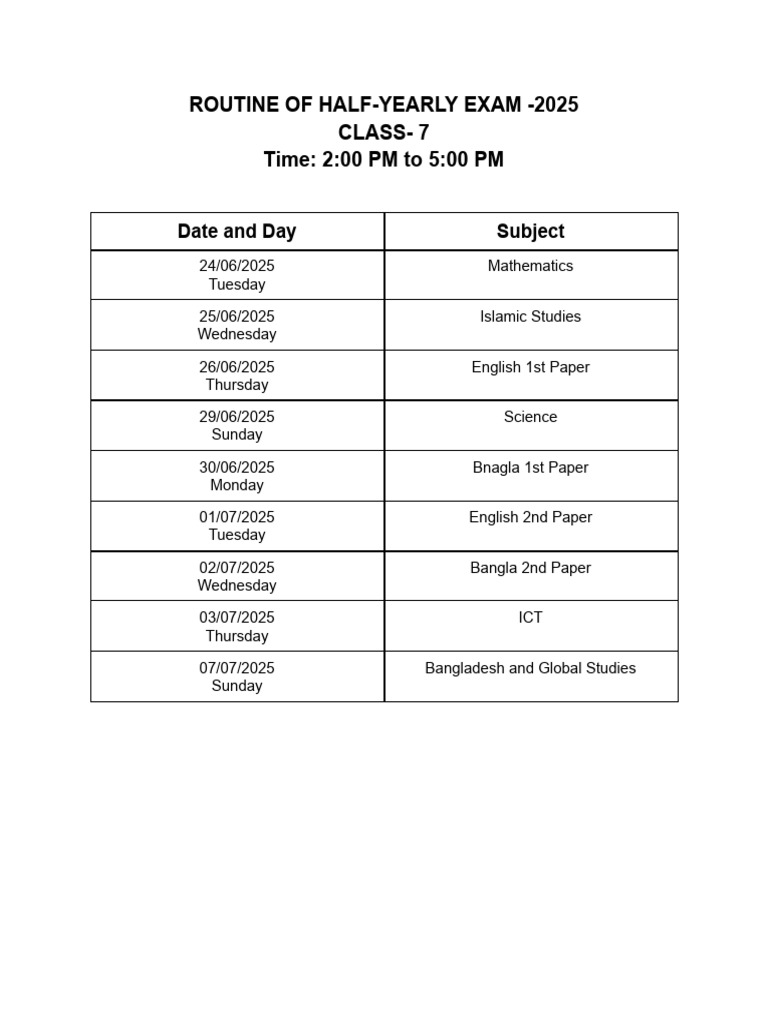Routine of Half-Yearly Exam - 2025 | PDF