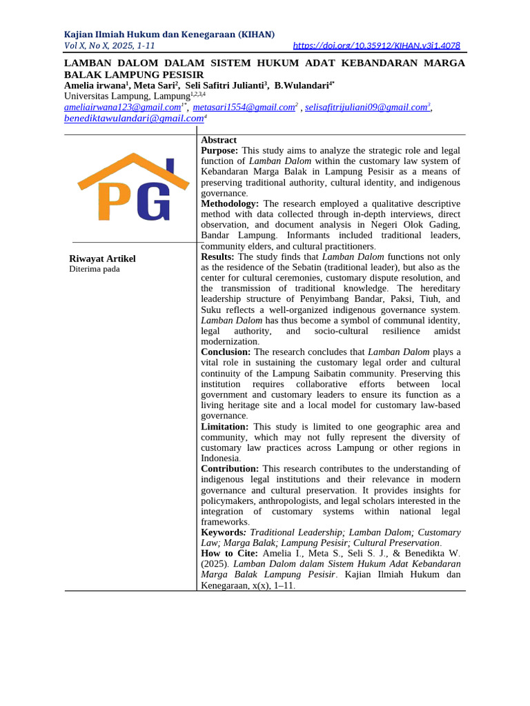 Lamban Dalom Dalam Sistem Hukum Adat Kebandaran Marga Balak Lampung Pesisir | PDF
