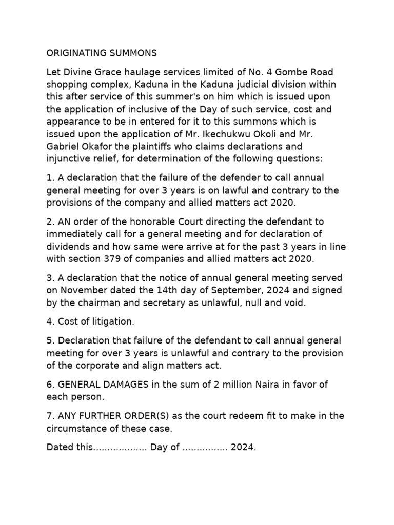 Originating Sum-Wps Office | PDF | Dividend | Common Law