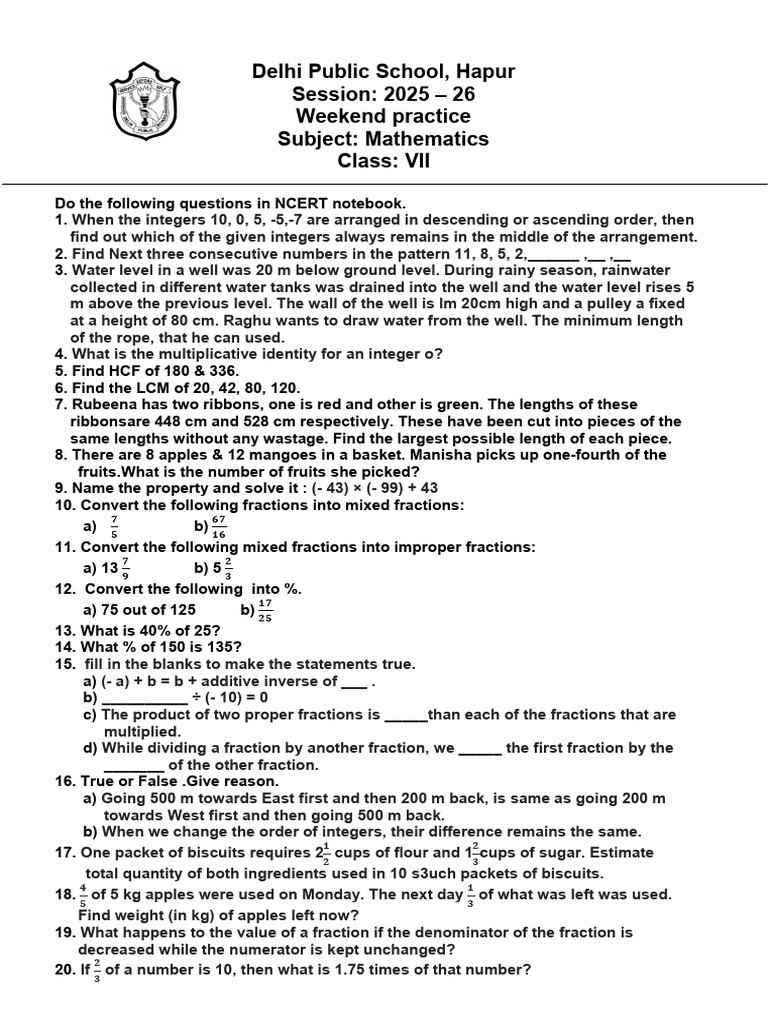 Class 7 Math Weekend Practice Set | PDF | Mathematics | Arithmetic