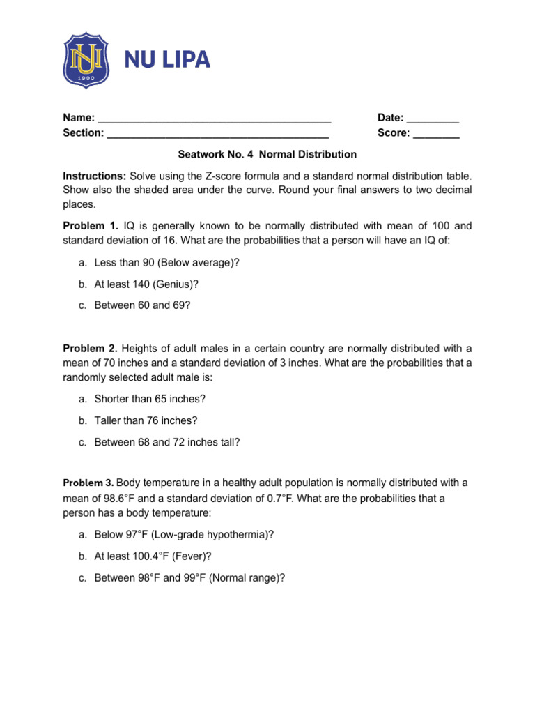 Seatwork No. 4 Normal Distribution-1 | PDF