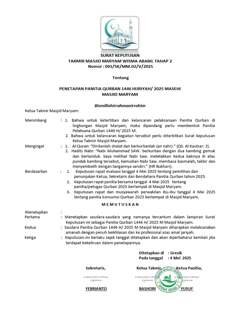 SK Panitia Qurban Masjid Maryam 2025 M | PDF