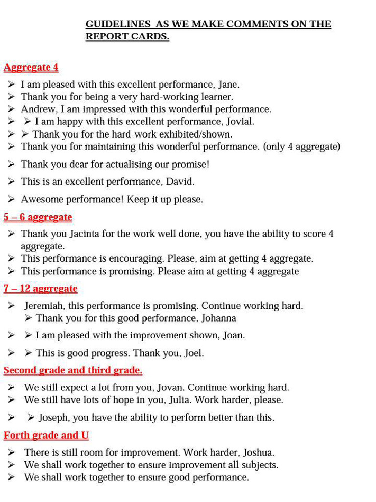 Report Card Comments | PDF
