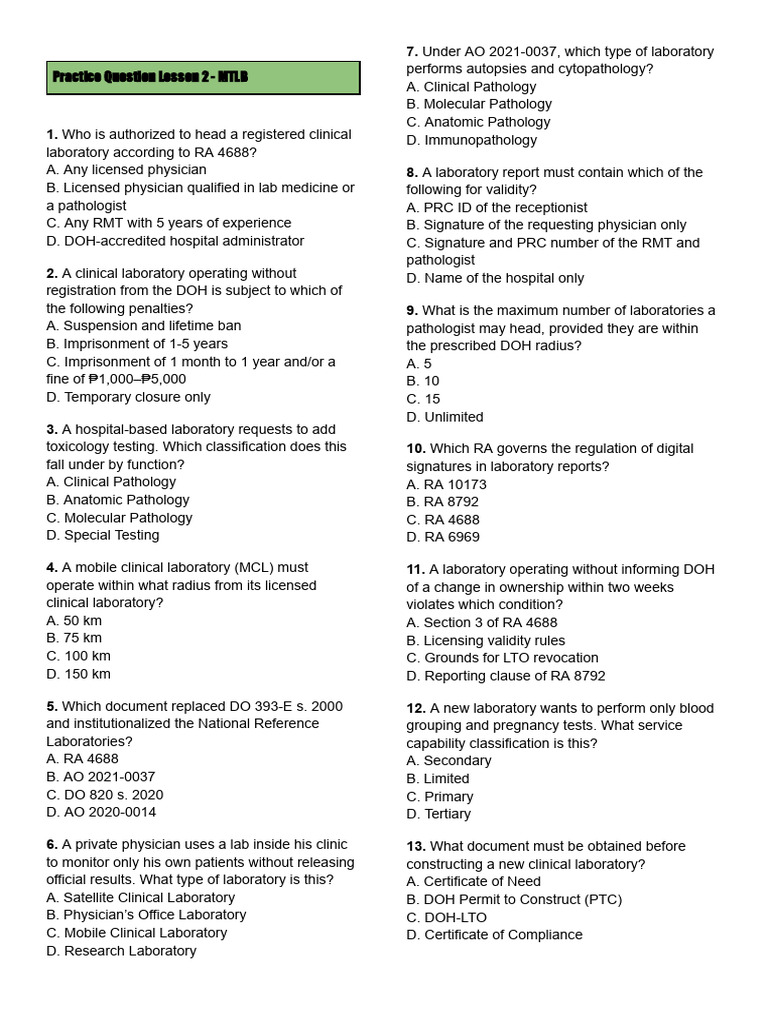 Practice Question Lesson 2 - MTLB | PDF | Pathology | Medical Laboratory