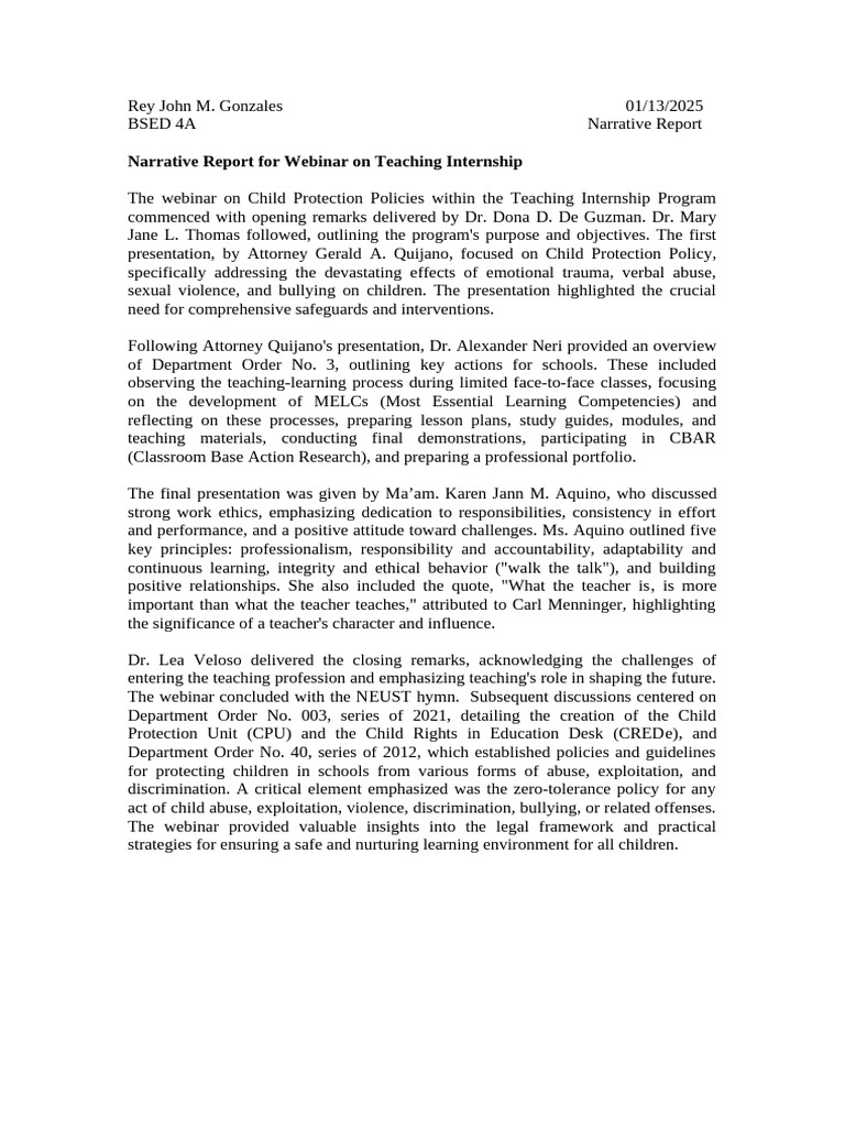 Narrative Report For Webinar On Teaching Internship | PDF | Teachers ...