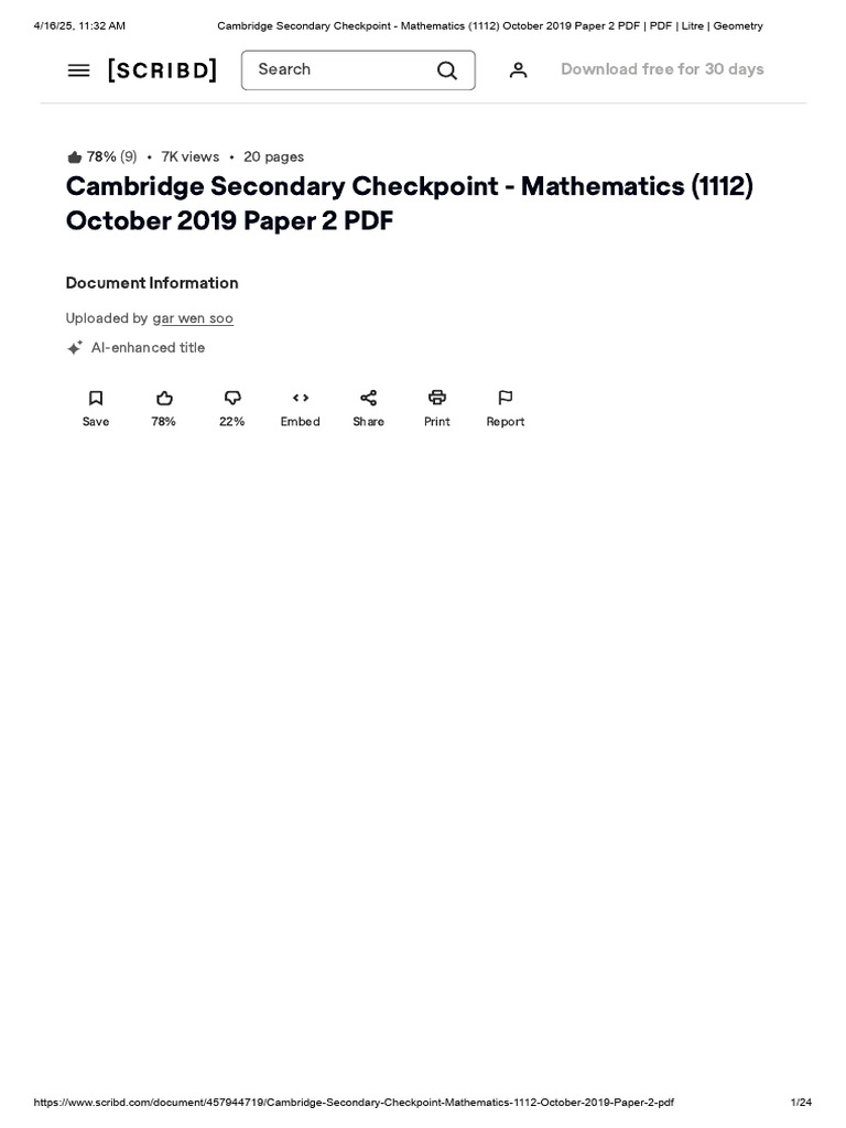 Cambridge Checkpoint Math 1112 Oct 2019 | PDF