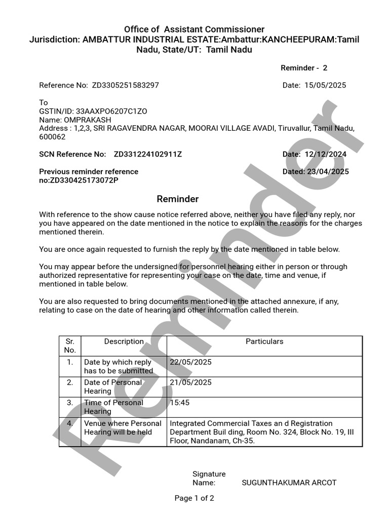 GST Reminder for Personal Hearing Notice | PDF | Authentication ...