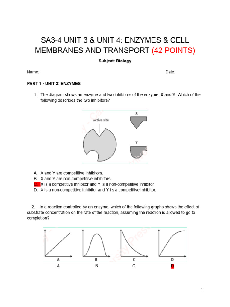 (Answer Key) Sa3-4 Unit 3 & Unit 4 - Enzymes & Cell Membranes and ...