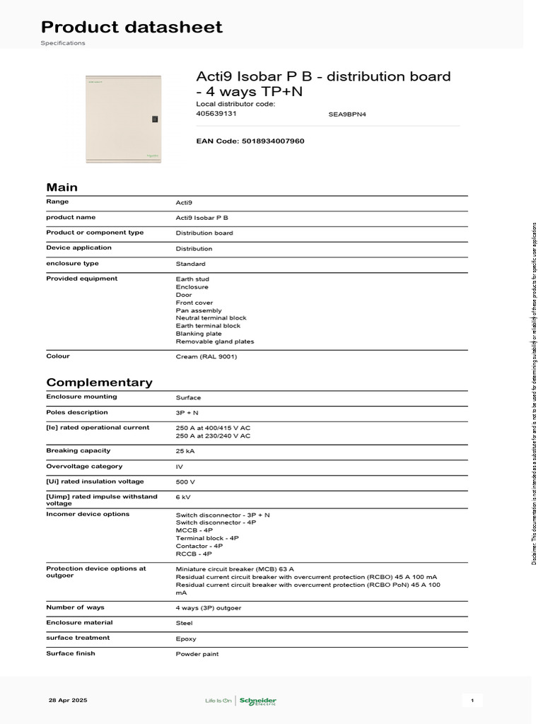 Schneider Electric Acti9 Isobar P B Type SEA9BPN4 | PDF | Recycling ...