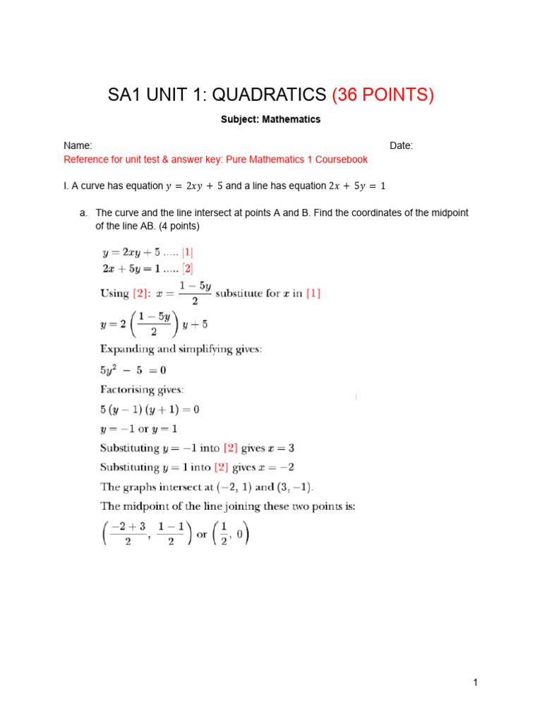 (Answer Key) Sa1 Unit 1 - Quadratics | PDF | Equations | Applied Mathematics