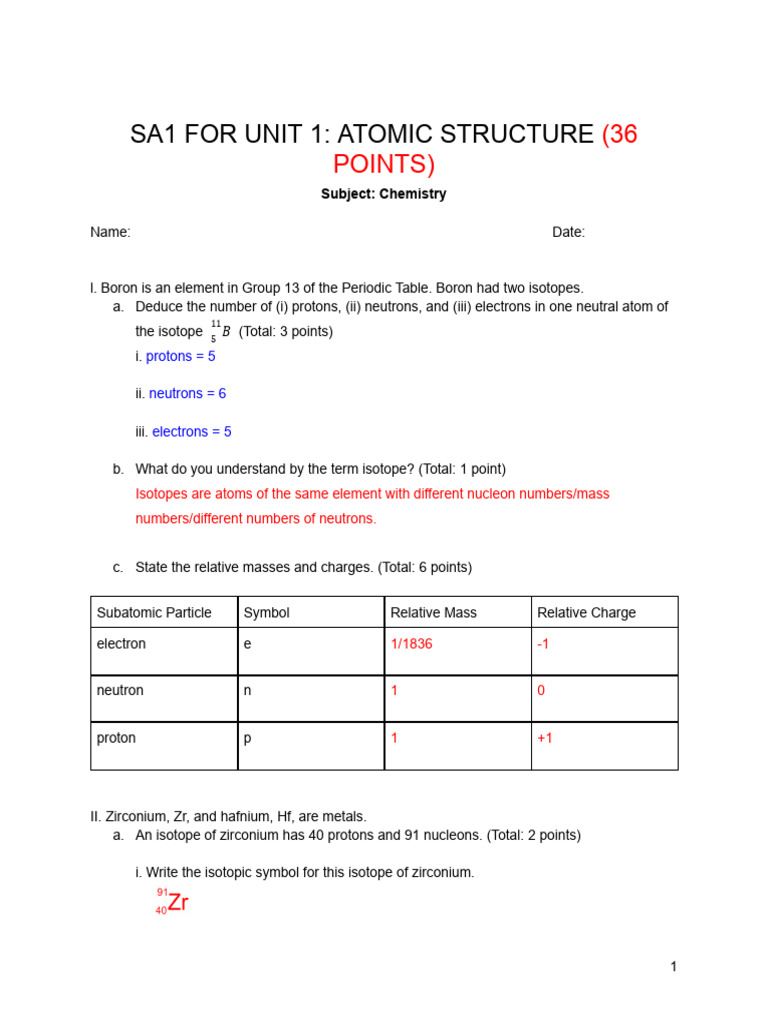 (Answer Key) Unit 1 - Atomic Structure | PDF | Atoms | Proton