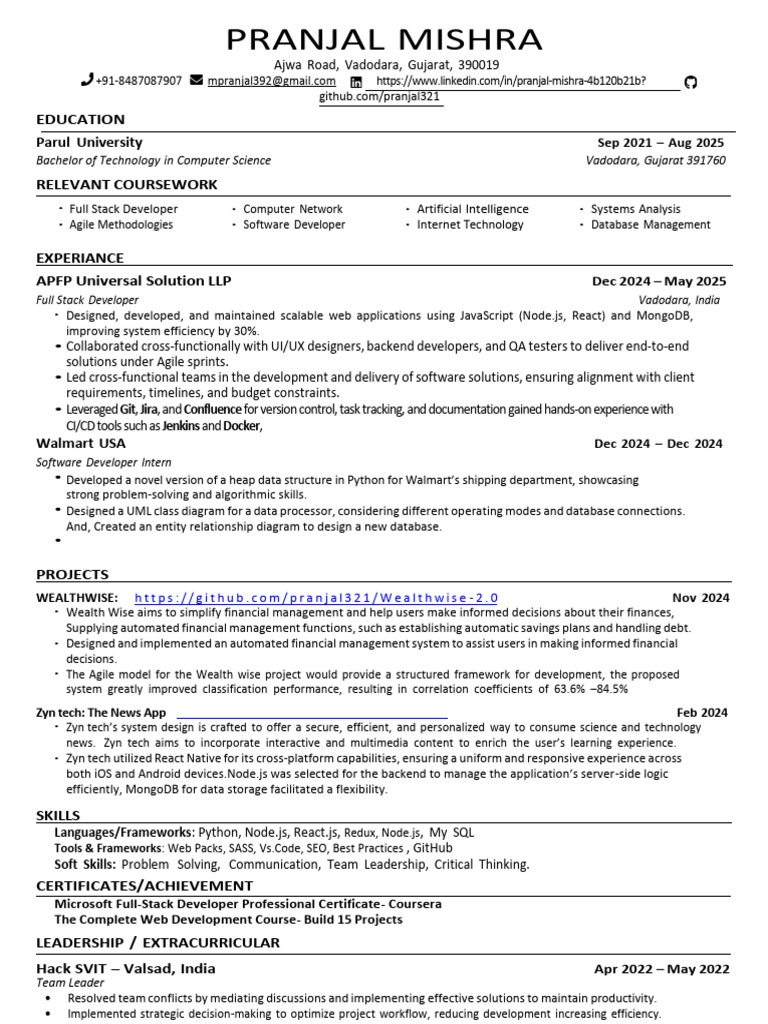 Pranjal Mishra Software Developer 0.2 - Compressed | PDF | Web Development | Computing