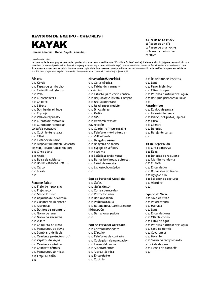 Checklist Esencial para Paseos en Kayak | PDF
