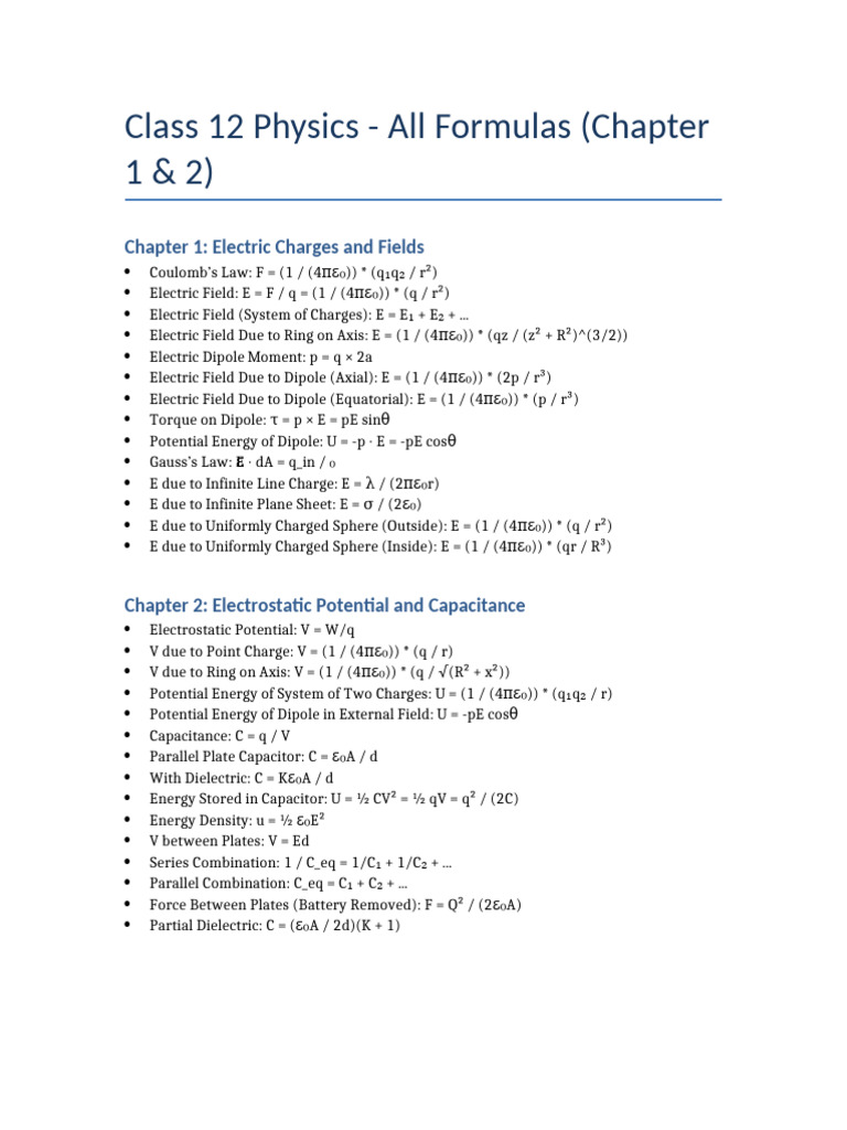 Class12_Physics_Ch1_Ch2_Formulas | PDF
