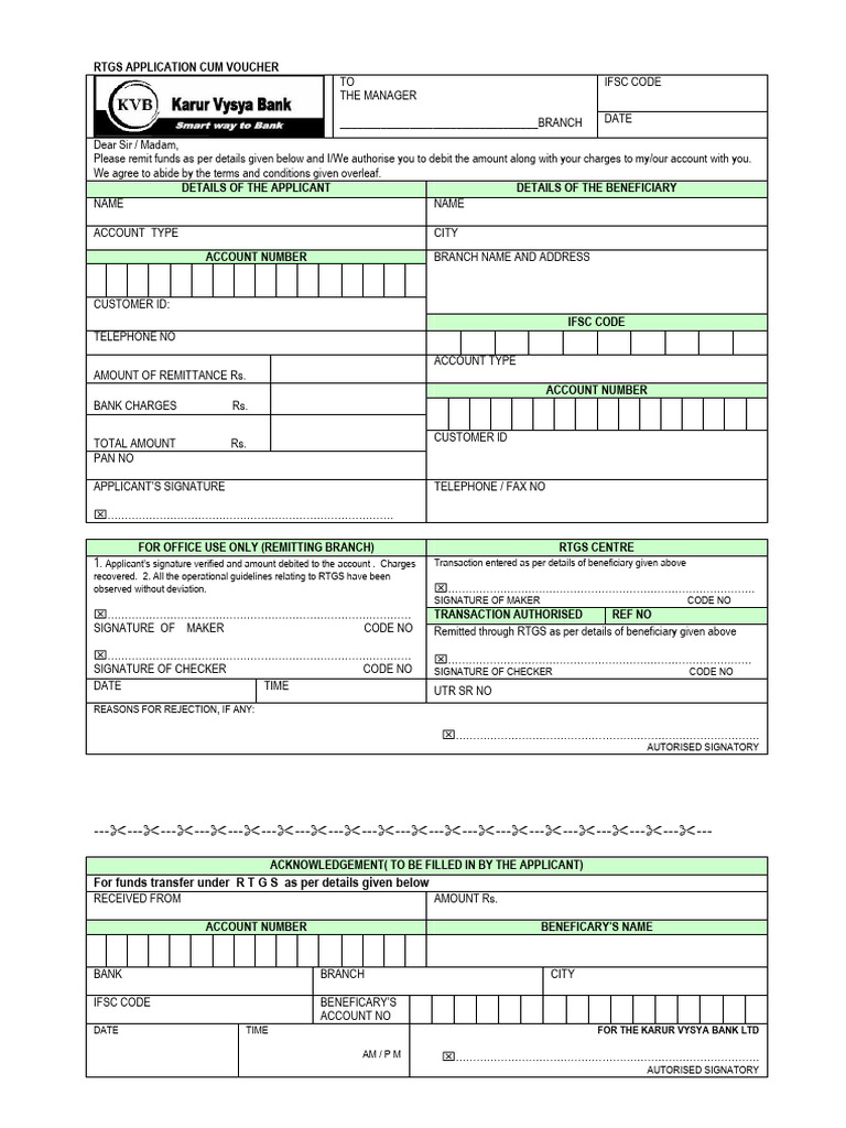 KVB - Neft - Rtgs - Blank Form | PDF | Debit Card | Financial Transaction