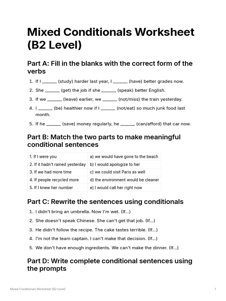 Mixed Conditionals Worksheet (B2 Level) | PDF | Syntax | Grammar