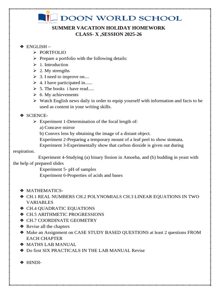 Class X SUMMER VACATION HOLIDAY HOMEWORK | PDF | Numbers | Algebra