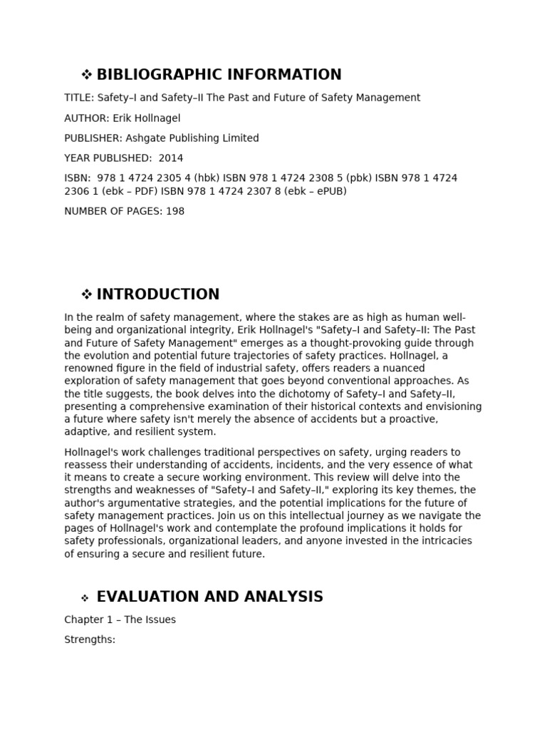 Safety-I and Safety-II: Future Insights | PDF | Safety | Critical Thinking