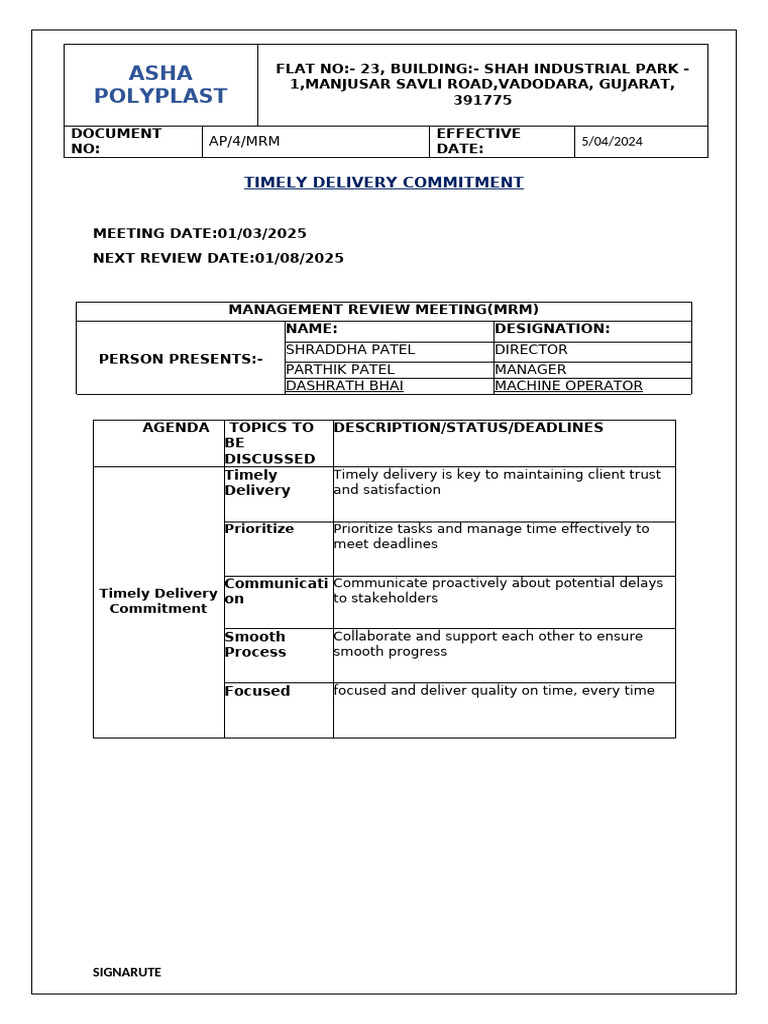 Timely Delivery Commitment Review Meeting | PDF