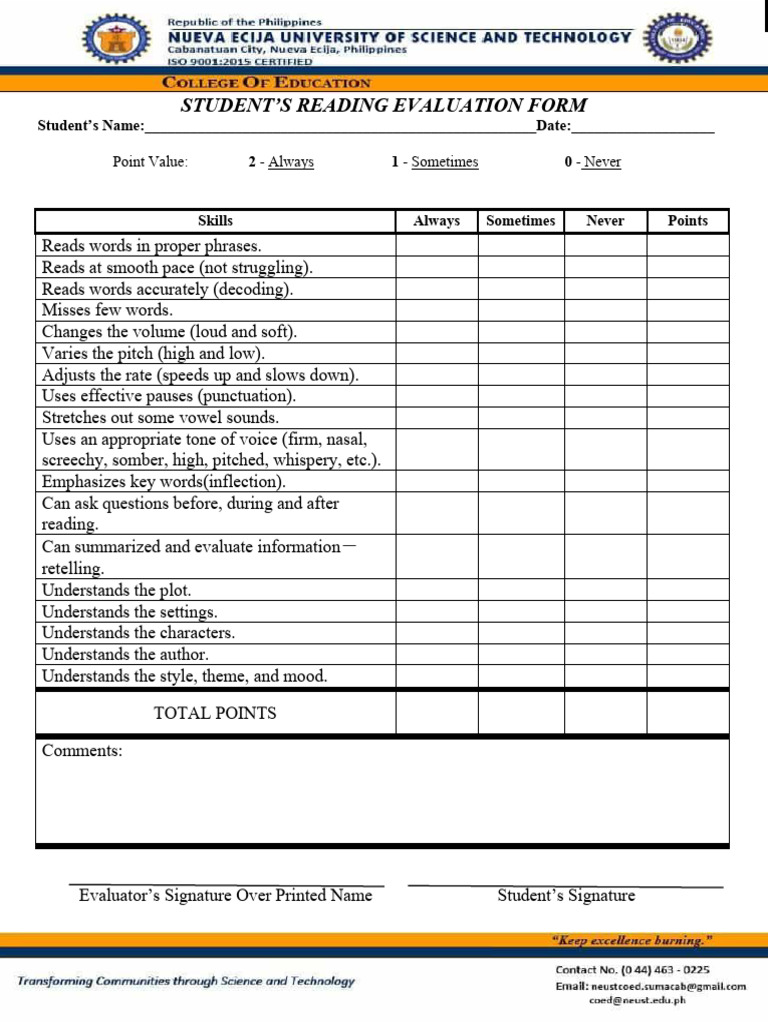 Student Reading Evaluation Form | PDF