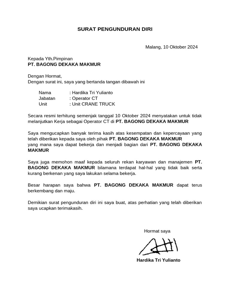 Surat Pengunduran Diri Hardika Tri Yulianto | PDF