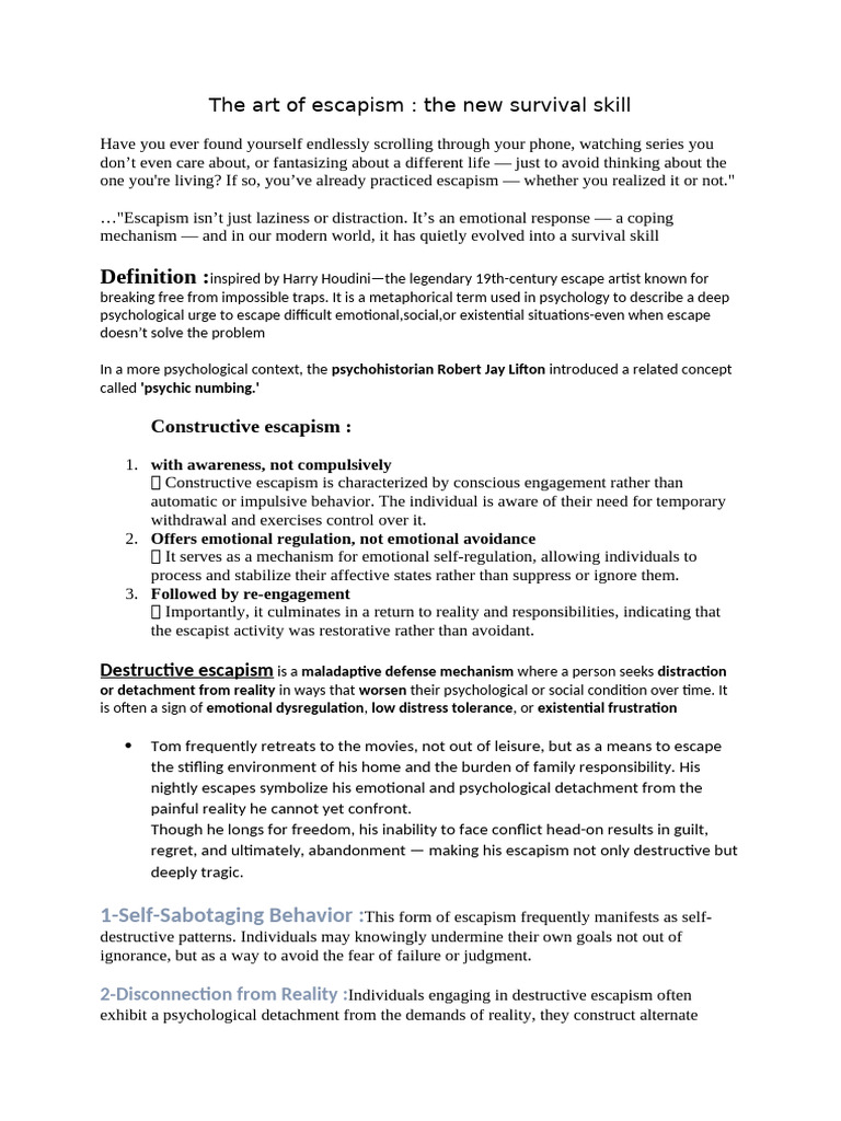 The Art of Escapism Explained | PDF | Social Psychology | Psychological ...