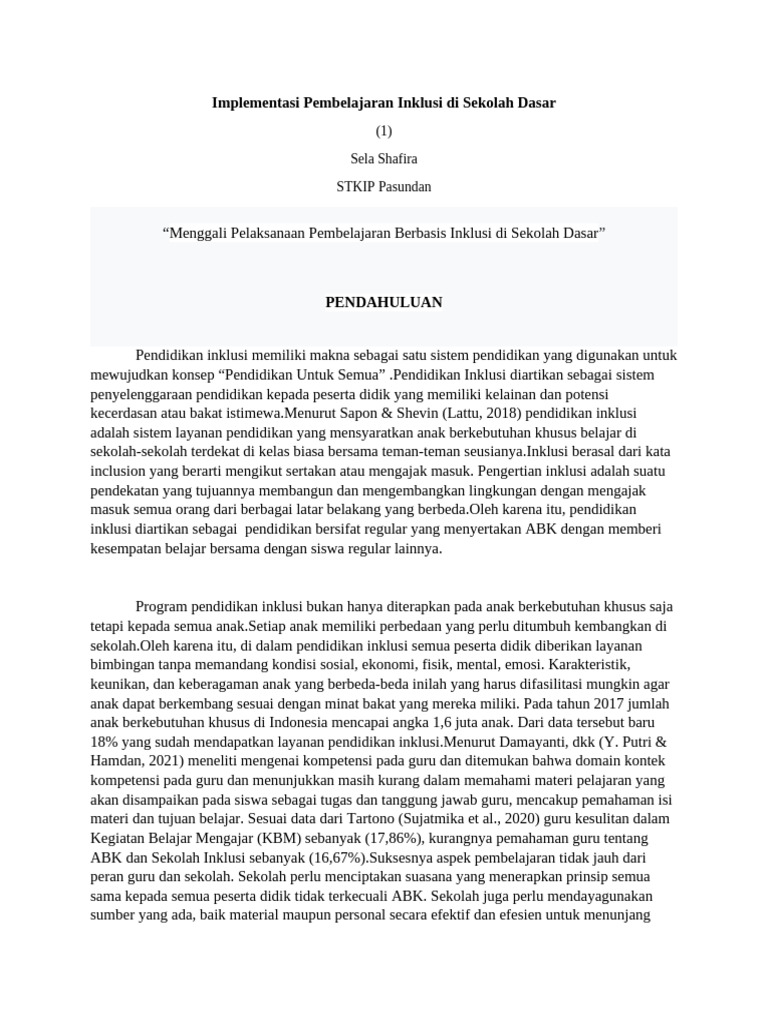 Implementasi Pembelajaran Inklusi Di Sekolah Dasar | PDF