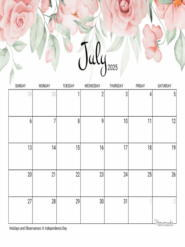 July Calendar 2025 Printable Rose | PDF