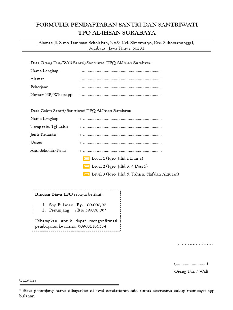 Formulir Pendaftaran TPQ Al-Ihsan Surabaya | PDF