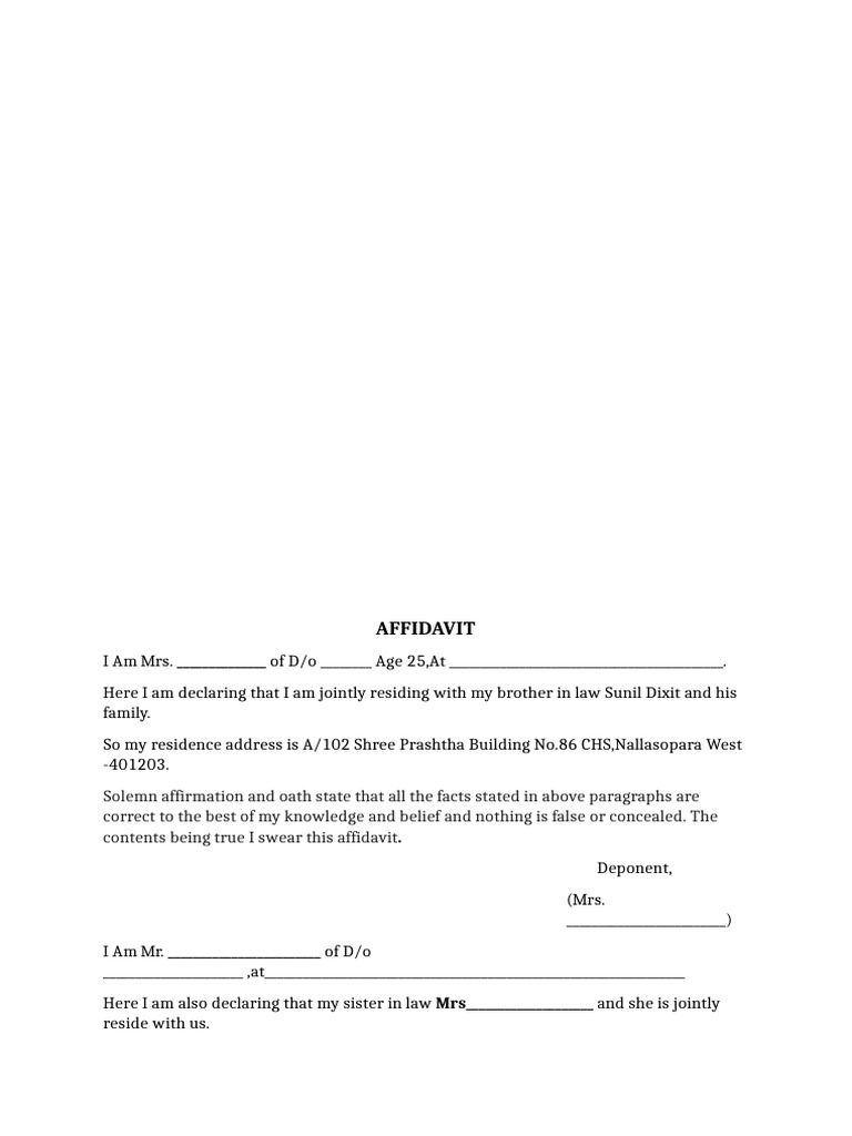 Affidavit Format for Joint Residence | PDF