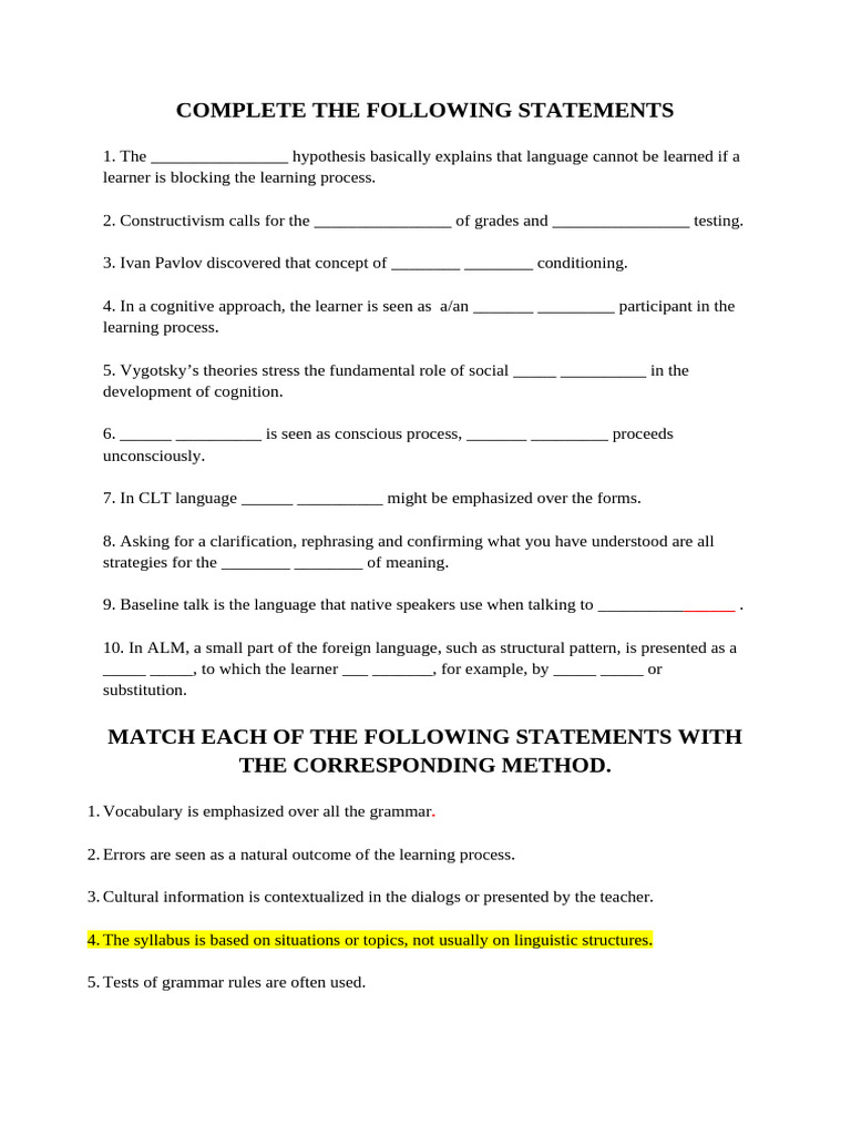 Complete The Following Statements | PDF | Second Language | Learning