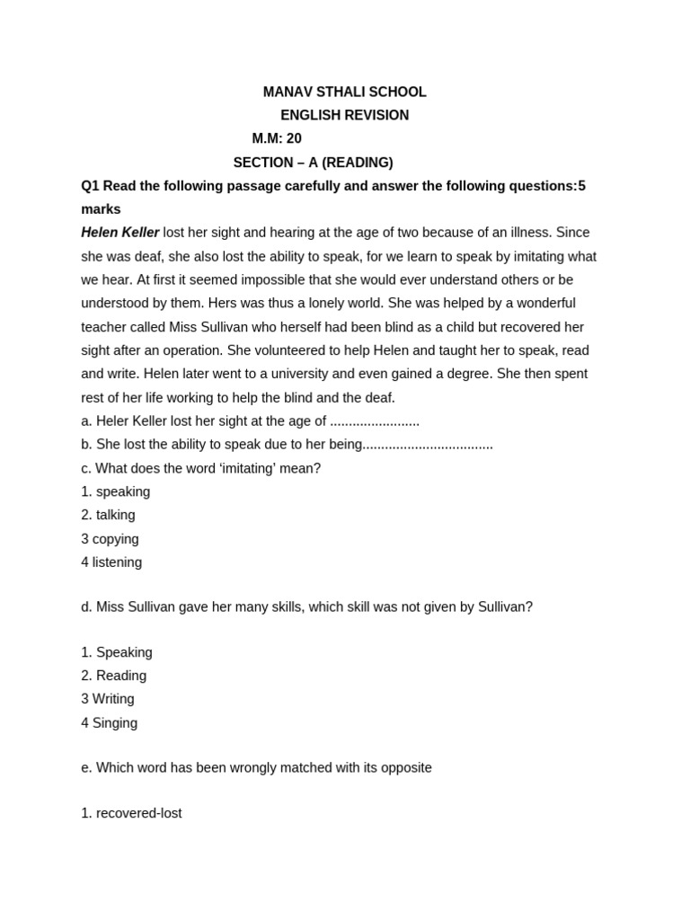 English Revision Worksheet | PDF | Deafness