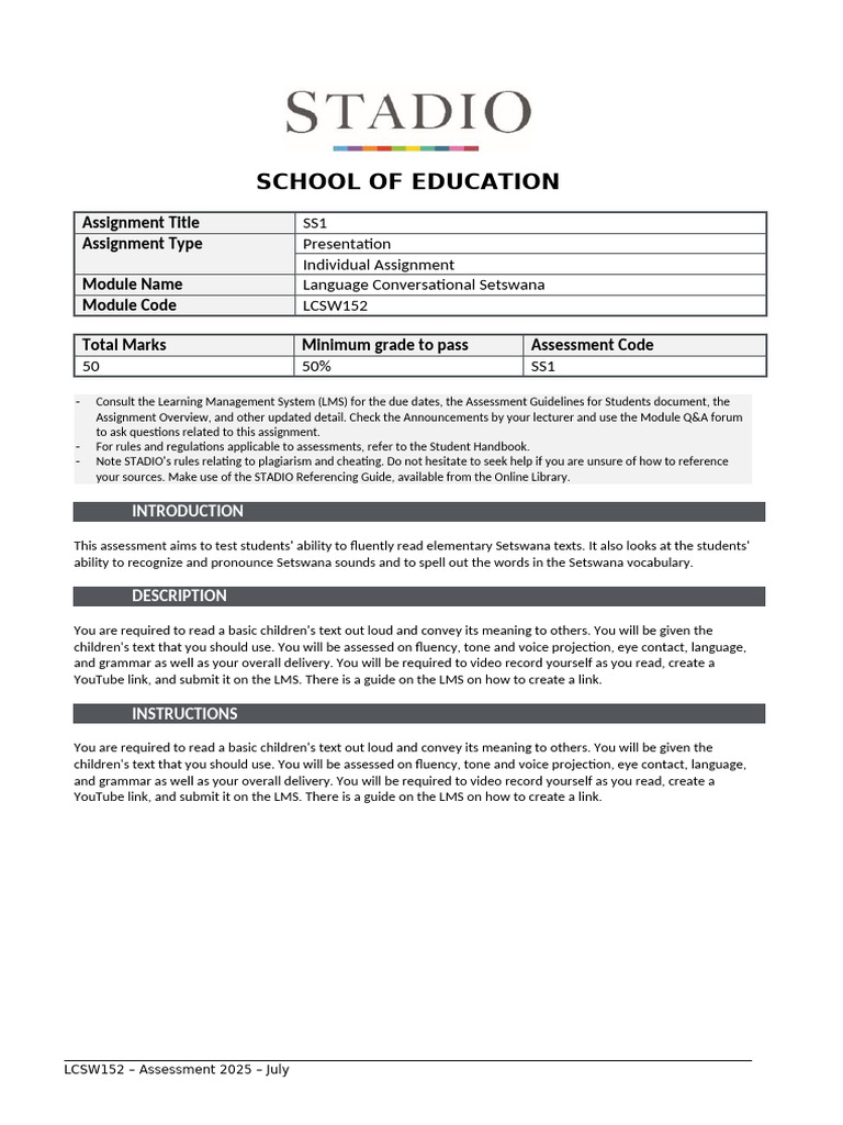 S2 STADIO Assignment Template_LCSW152_SS1 2025 | PDF | Turnitin | Fluency