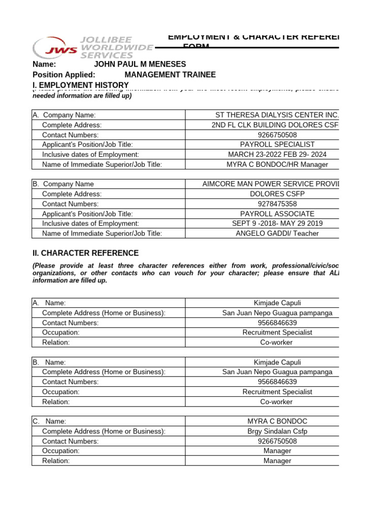 Employement Character Reference Form | PDF