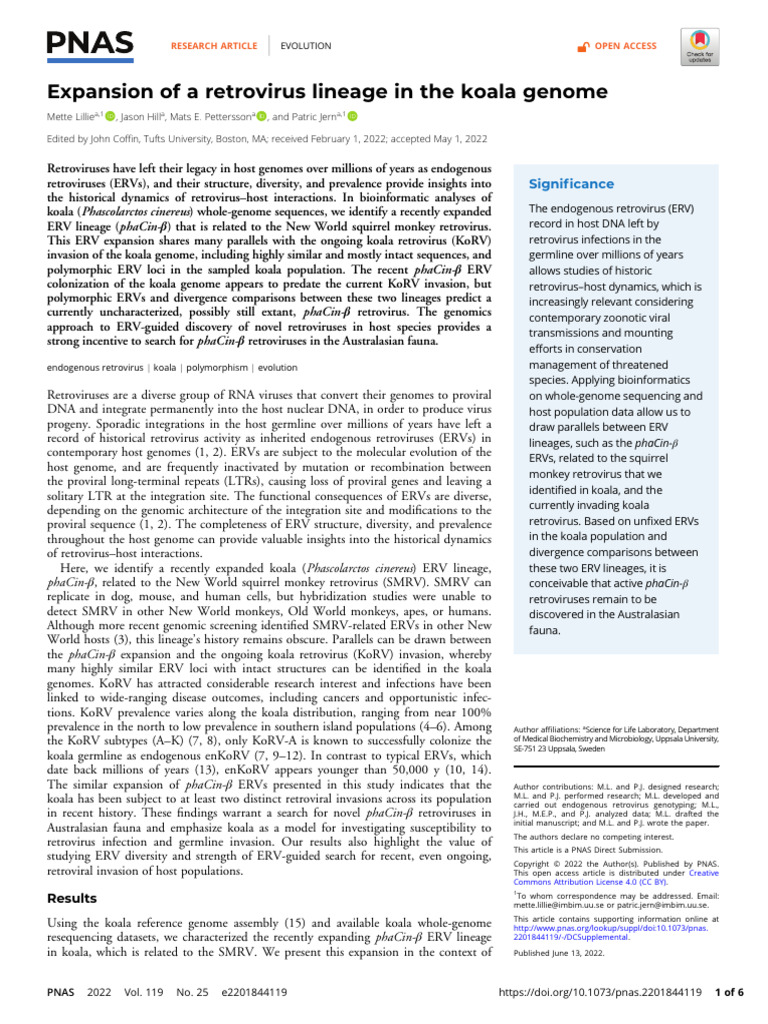 Expansion of A Retrovirus Lineage in The Koala Genome | PDF ...