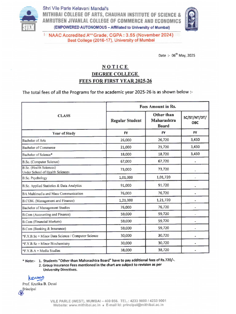 First Year UG Fee Chart 2025 26 | PDF