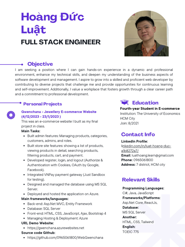Full Stack Engineer - Intern-Hoàng Đức Luật-CV | PDF | Web Development | Databases